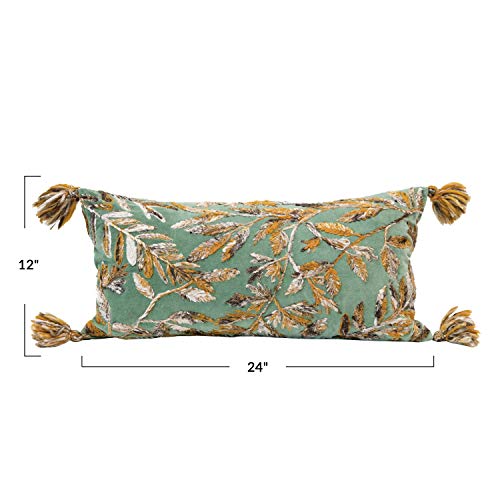 Creative Co-Op 24" L x 12" H Cotton Lumbar w/Embroidered Leaves & Tassels, Multi Color Pillows