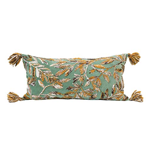 Creative Co-Op 24" L x 12" H Cotton Lumbar w/Embroidered Leaves & Tassels, Multi Color Pillows
