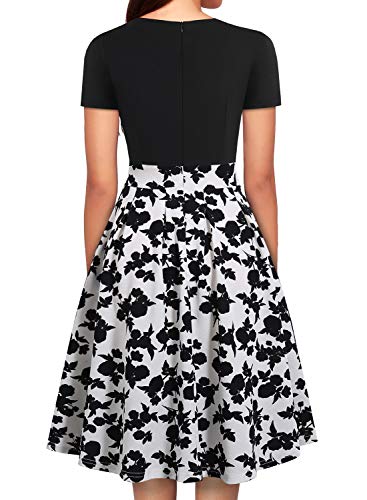 YATHON Women's Vintage Floral Flared A-Line Swing Casual Party Dresses with Pockets (S, YT018-Black White Flo)