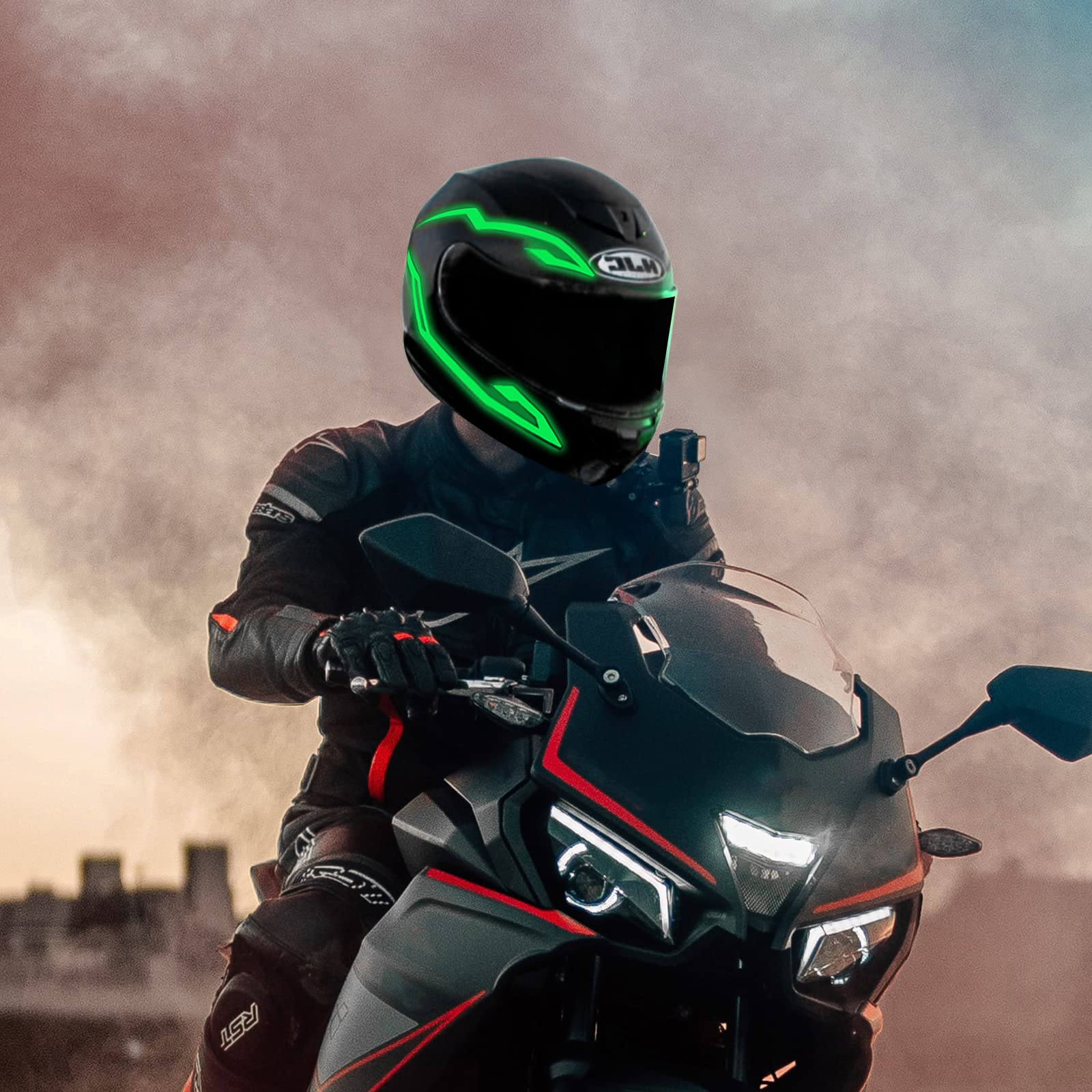 JIGUOOR 4PCS Motorcycle Helmet Light, Night Riding Signal EL Light, 3 Mode Led Helmet Light Strip Decoration Accessories Kit (Green, Battery Powered)