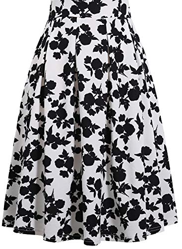 YATHON Women's Vintage Floral Flared A-Line Swing Casual Party Dresses with Pockets (S, YT018-Black White Flo)