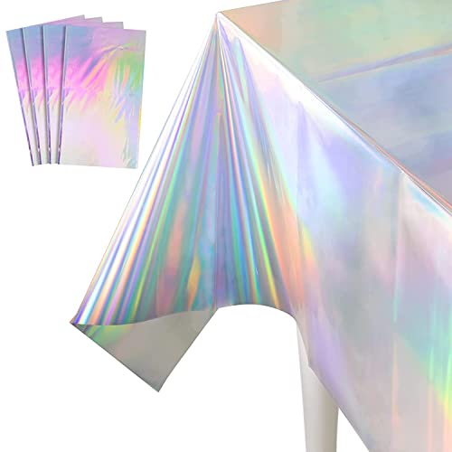 4 Pack Iridescence Plastic Tablecloths - Disposable Table Covers Shiny Rectangle Table Cloth Holographic Foil Iridescent Birthday Wedding Christmas Holiday Party Decorations 54x108 Inch (Laser)