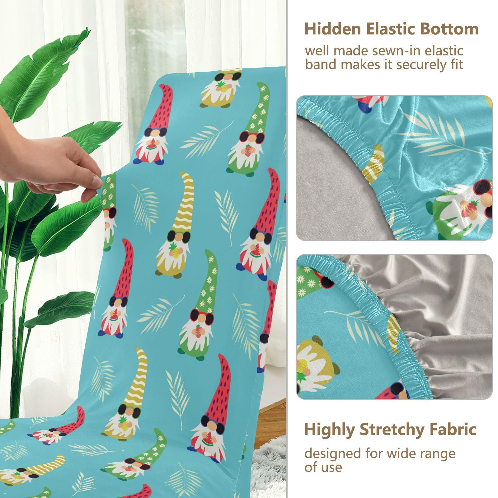 JUNZAN Cute Summer Gnomes with Sunglasses Tropical Plant Blue Chair Back Covers Set of 4 Spandex Folding Chair Covers Large Dining Chair Cover for Folding Chairs Dinning Room