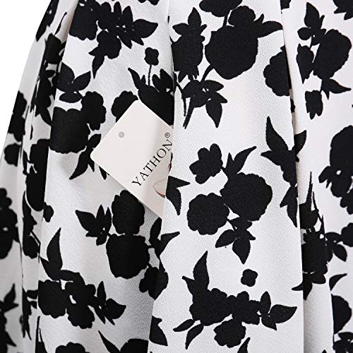 YATHON Women's Vintage Floral Flared A-Line Swing Casual Party Dresses with Pockets (S, YT018-Black White Flo)