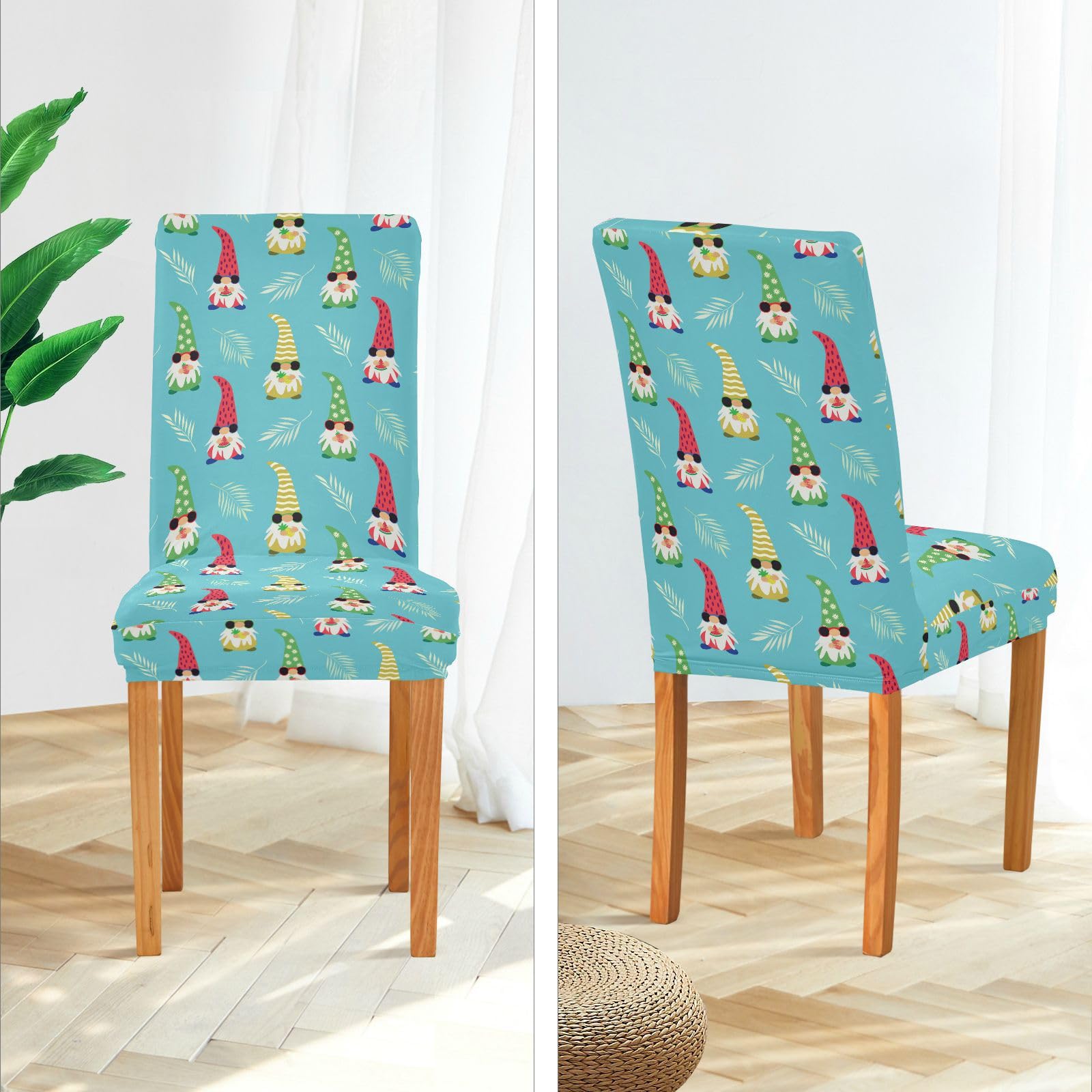 JUNZAN Cute Summer Gnomes with Sunglasses Tropical Plant Blue Chair Back Covers Set of 4 Spandex Folding Chair Covers Large Dining Chair Cover for Folding Chairs Dinning Room