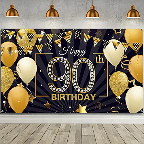 Happy 90th Birthday Backdrop Banner Extra Large Black and Gold 90th Birthday Photo Booth Backdrop Photography Background Happy 90th Birthday Party Decorations for Women and Men, 72.8 x 43.3 Inch