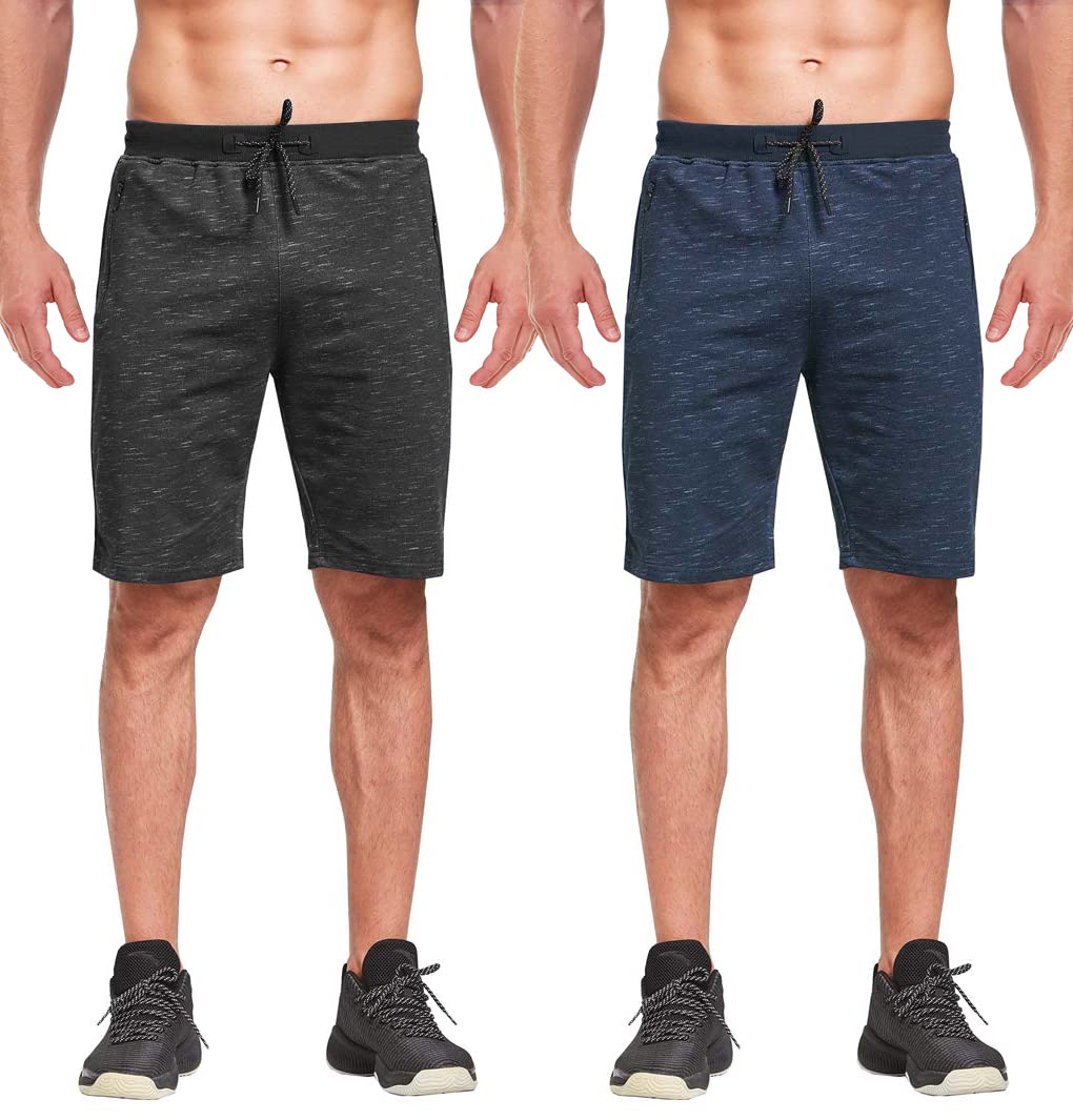 Boyzn Men's 2 Pack Athletic Shorts Comfortable Cotton Workout Shorts Elastic Waist Running Shorts with Zipper Pockets Black/Blue S