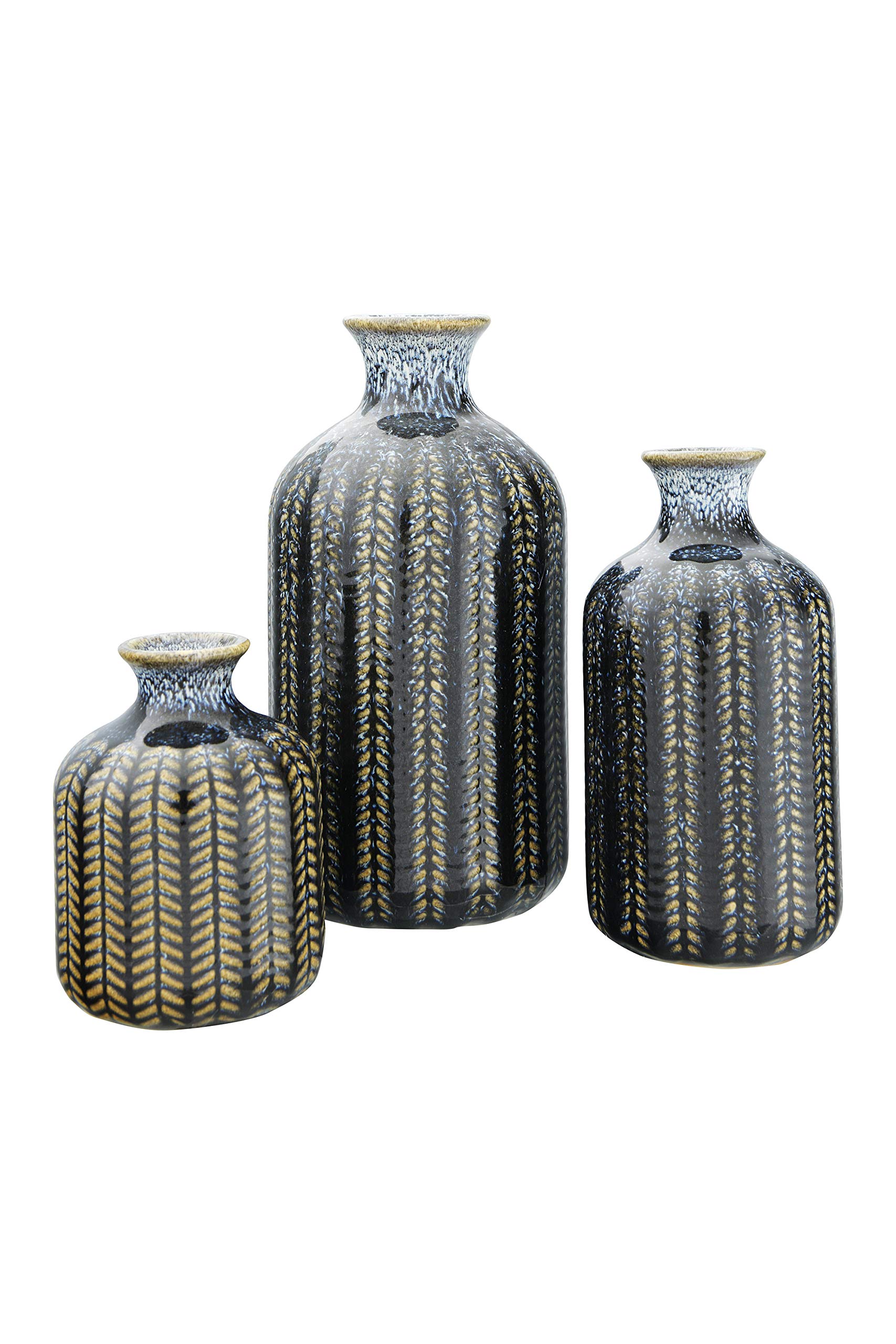 Embossed Stoneware Vase with Reactive Glaze Finish (Set of 3 Sizes) (DF3002)