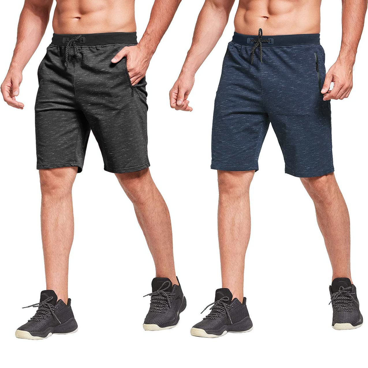 Boyzn Men's 2 Pack Athletic Shorts Comfortable Cotton Workout Shorts Elastic Waist Running Shorts with Zipper Pockets Black/Blue S