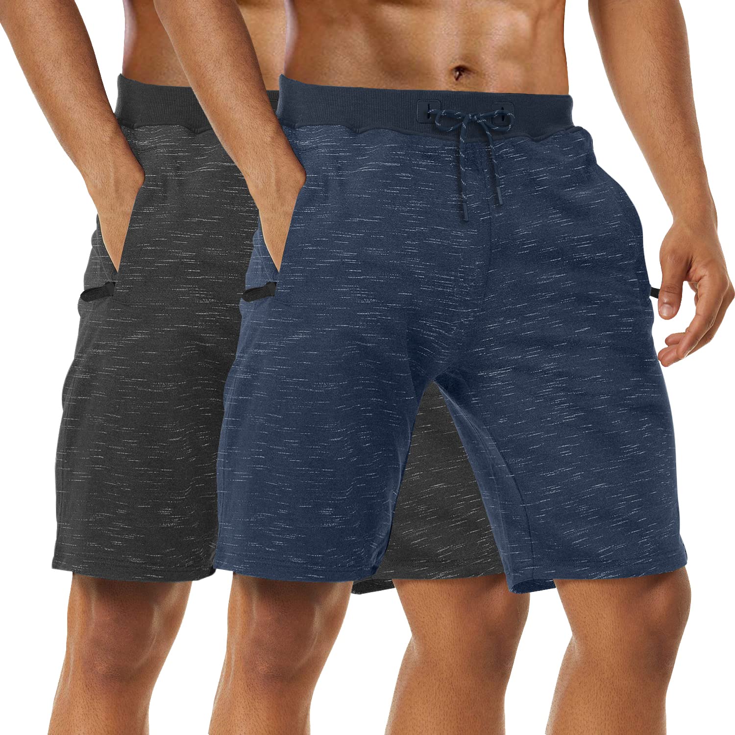 Boyzn Men's 2 Pack Athletic Shorts Comfortable Cotton Workout Shorts Elastic Waist Running Shorts with Zipper Pockets Black/Blue S