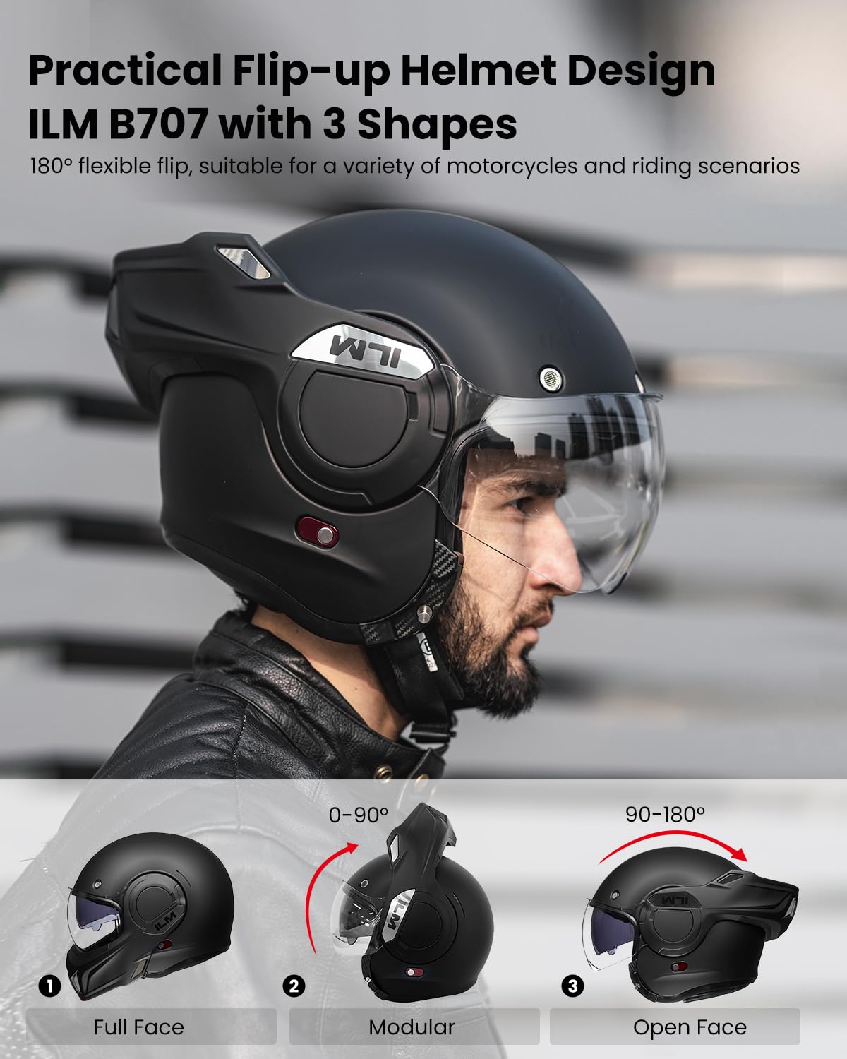ILM Vintage Full Face Modular Motorcycle Helmet for Adults Men ATV UTV Snowmobile with 180° Reversible Chin Guard DOT Model-B707(Matte Black, L)
