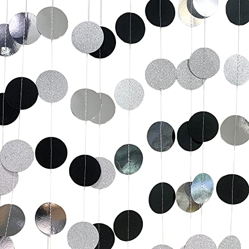SaktopDeco 65.6 Feet Glitter Black Silver Circle Dot Paper Garland Black Birthday Wedding Bachelorette Party Backdrop Decorations