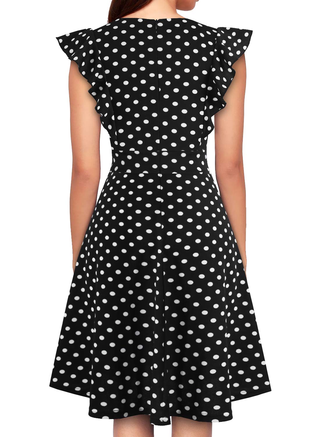 YATHON Women's Vintage Ruffle Floral Flared A Line Swing Casual Cocktail Party Dresses (S, YT001-Black Dot)