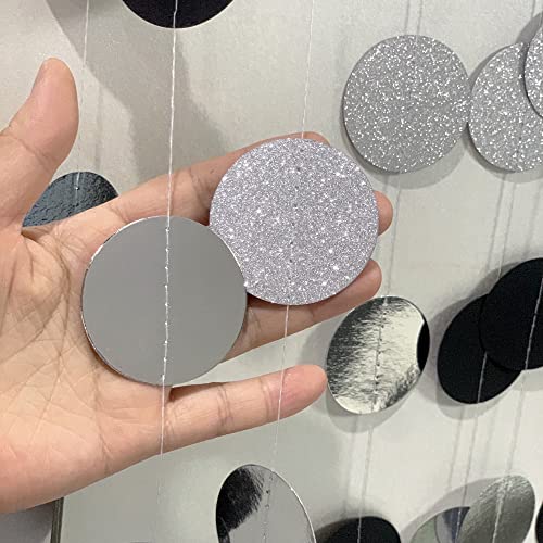 SaktopDeco 65.6 Feet Glitter Black Silver Circle Dot Paper Garland Black Birthday Wedding Bachelorette Party Backdrop Decorations