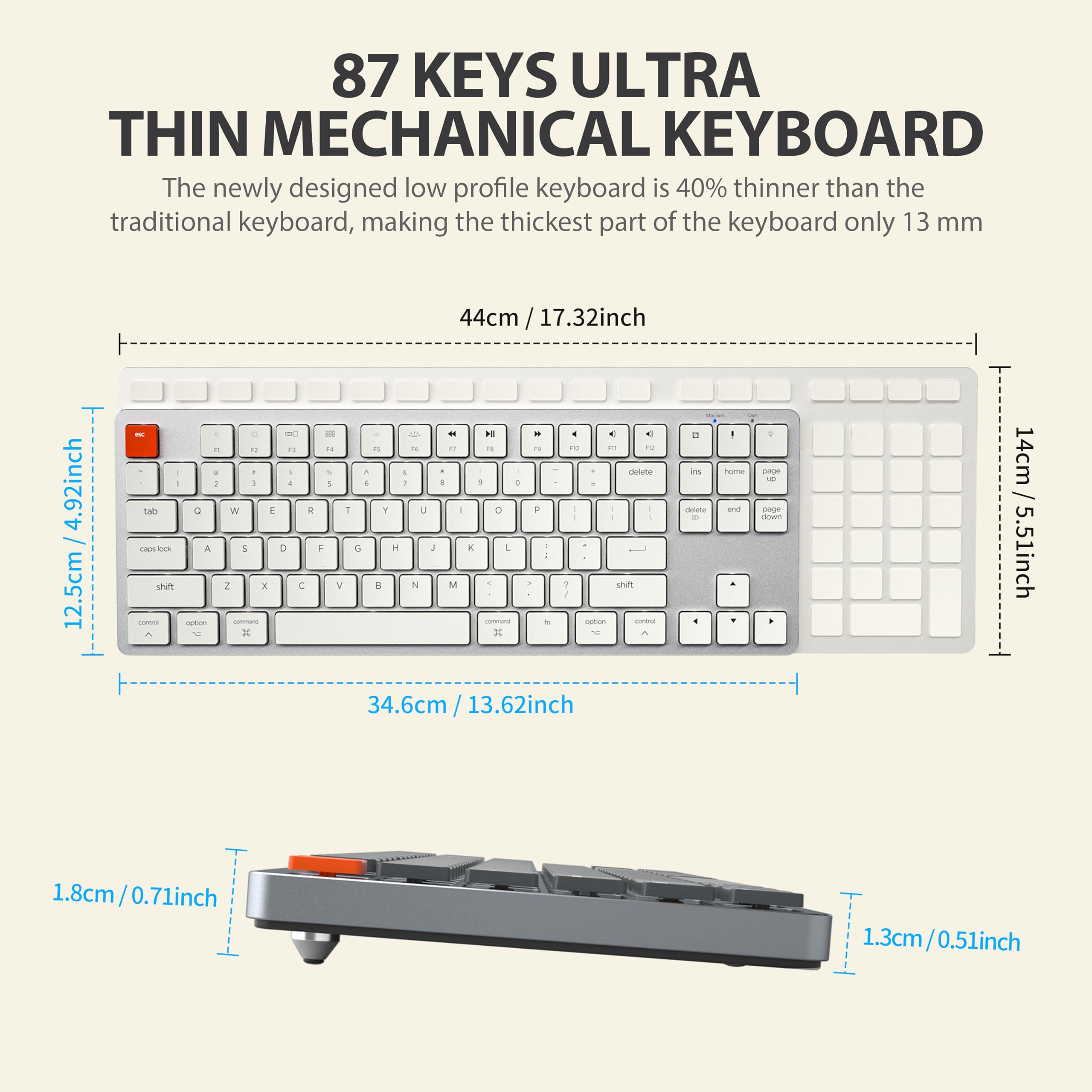 Low Profile Mechanical Keyboard for Mac, 87 Keys Brown Switch White Backlit Apple Keyboard Type-C Wired, Ultra-Slim Quiet Gaming Computer Keyboard for MacBook Pro/Air, iMac, Mac Mini