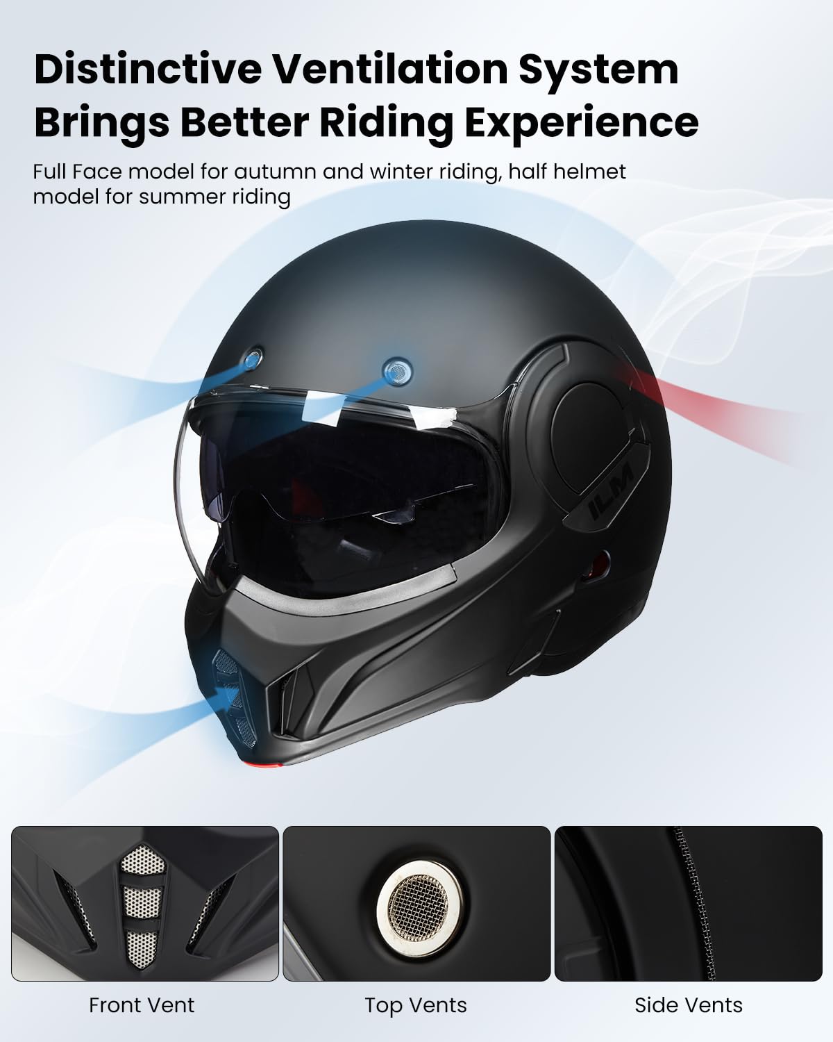 ILM Vintage Full Face Modular Motorcycle Helmet for Adults Men ATV UTV Snowmobile with 180° Reversible Chin Guard DOT Model-B707(Matte Black, L)