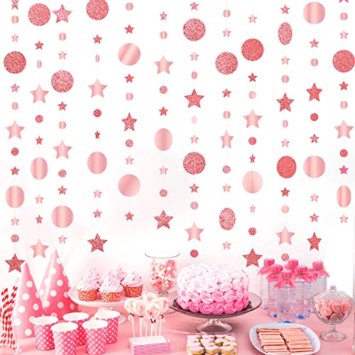 39Ft Circle Dots Garland, Glitter Pink Rose Gold Paper Garland, Star Polka Dot Streamers Backdrop Hanging Banner Party Decorations for Birthday Wedding Engagement Bridal Shower Gruaduation, 3Pack