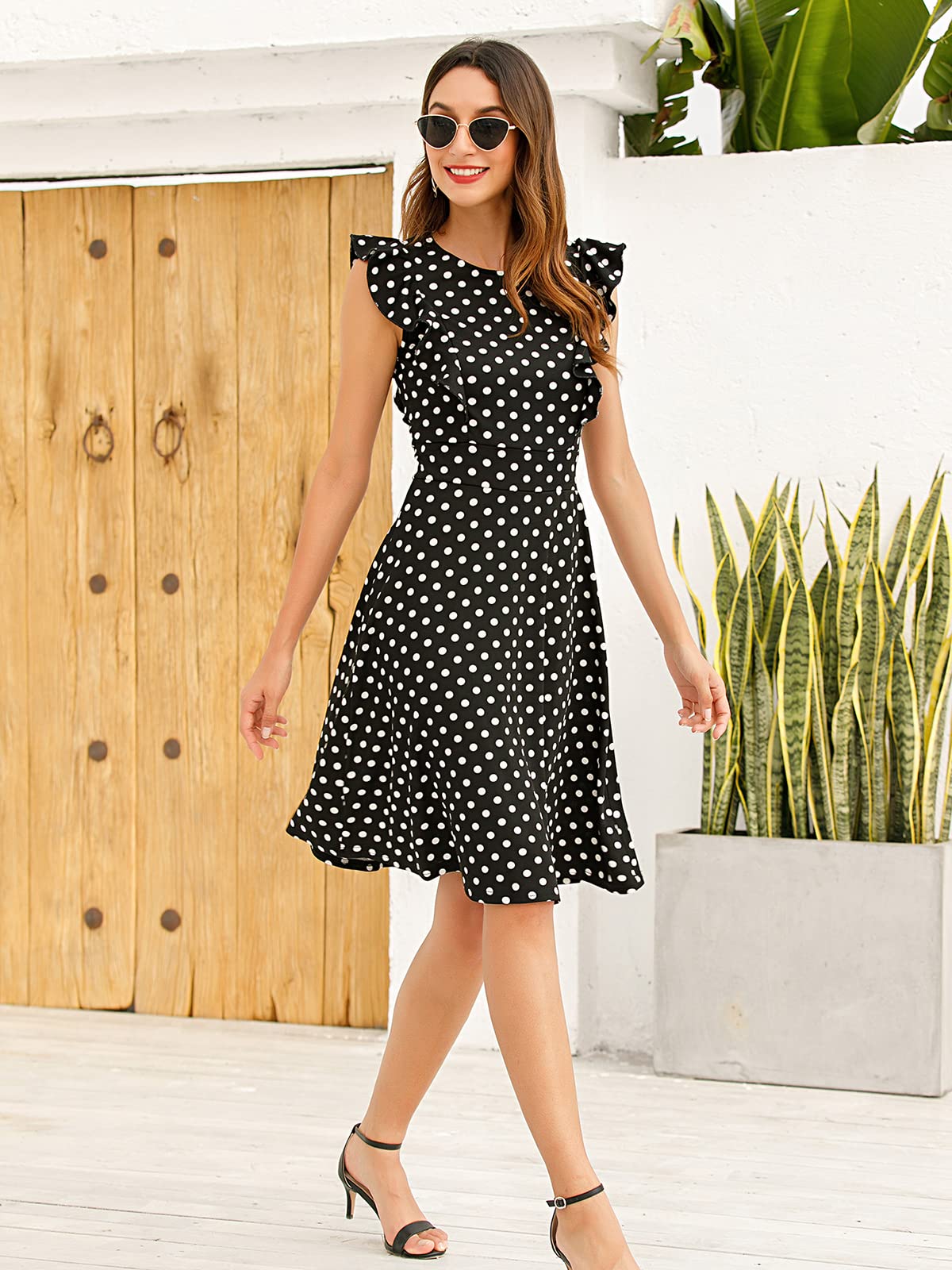 YATHON Women's Vintage Ruffle Floral Flared A Line Swing Casual Cocktail Party Dresses (S, YT001-Black Dot)