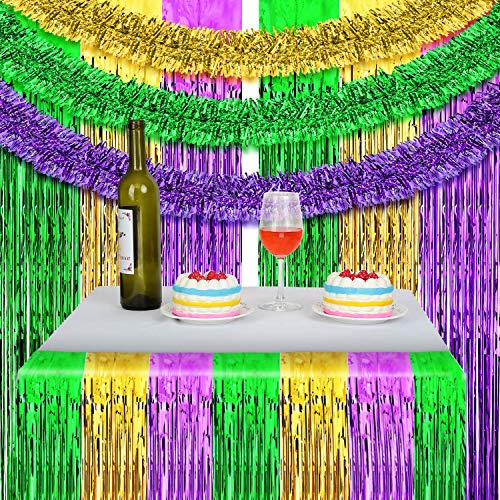 5 Pieces Mardi Gras Party Decoration Metallic Tinsel Foil Fringe Curtains Garland Photo Booth Props Table Skirt Background Backdrop Door Wall for Carnival Bunting Party Decoration Supplies