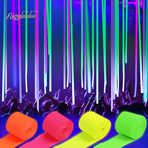 NICROLANDEE Blacklight Party Decorations - 4 Rolls Glow Crepe Paper Fluorescent Neon Paper Streamers for Wedding, Birthday, Neon Party, Fiesta Party, Prom Dance, Party Photography