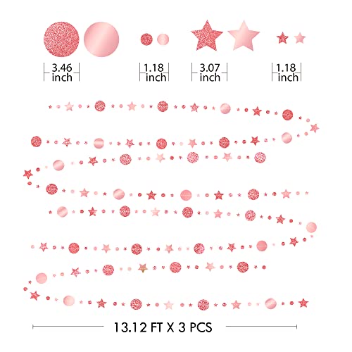 39Ft Circle Dots Garland, Glitter Pink Rose Gold Paper Garland, Star Polka Dot Streamers Backdrop Hanging Banner Party Decorations for Birthday Wedding Engagement Bridal Shower Gruaduation, 3Pack