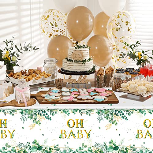3 Packs Sage Greenery Oh Baby Plastic Tablecloths Baby Shower Party Decorations Eucalyptus Leaf Tablecloth Gold Foil Disposable Green Leaves Eucalyptus Table Cover for Home Sage Neutral Party Supplies