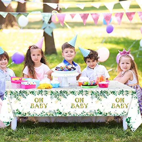 3 Packs Sage Greenery Oh Baby Plastic Tablecloths Baby Shower Party Decorations Eucalyptus Leaf Tablecloth Gold Foil Disposable Green Leaves Eucalyptus Table Cover for Home Sage Neutral Party Supplies