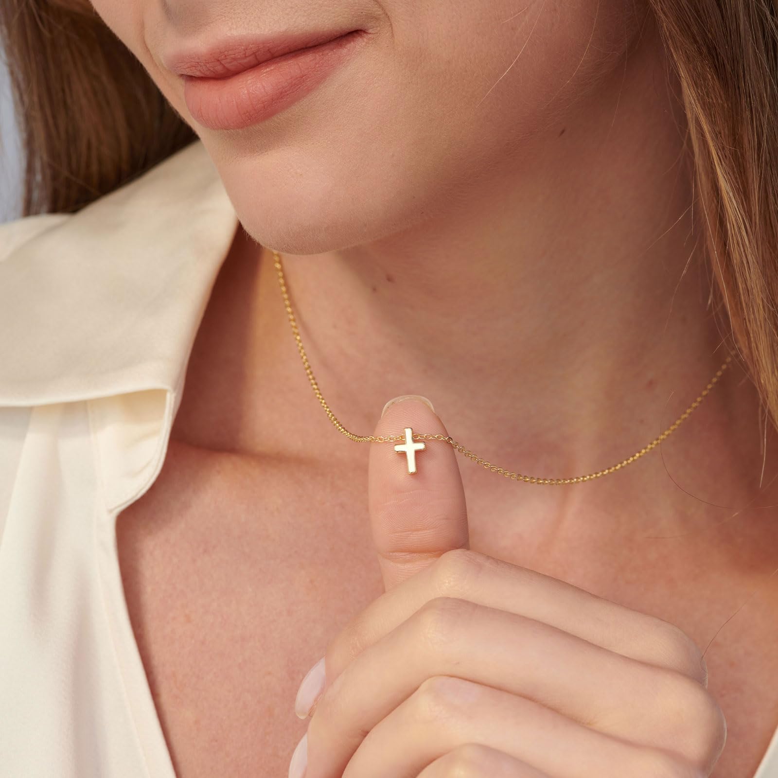 HANLI Cross Necklace for Women, 14k Gold/Silver Plated Dainty Simple Tiny Cross Necklace