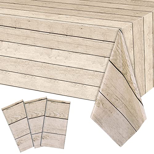 3 Pieces Light Wood Grain Tablecloths Rustic Plastic Table Covers for Rectangle Table Vintage Farmhouse Western Table Cloth for Barn Birthday Wedding Party Decoration Supplies, 54 x 108 Inch