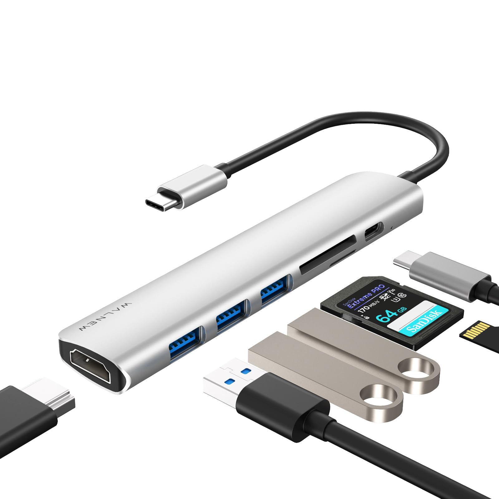 WALNEW 7-in-1 USB C Hub with 100W PD,4K HDMI,SD/TF Reader,USB 3.0, Thunderbolt 3 Dongle Multiport Adapter Type C Dock for Mac/iMac/MacBook M1 M2,iPad Pro/Air/Mini 6,Dell XPS 15 13,Chromebook Laptop