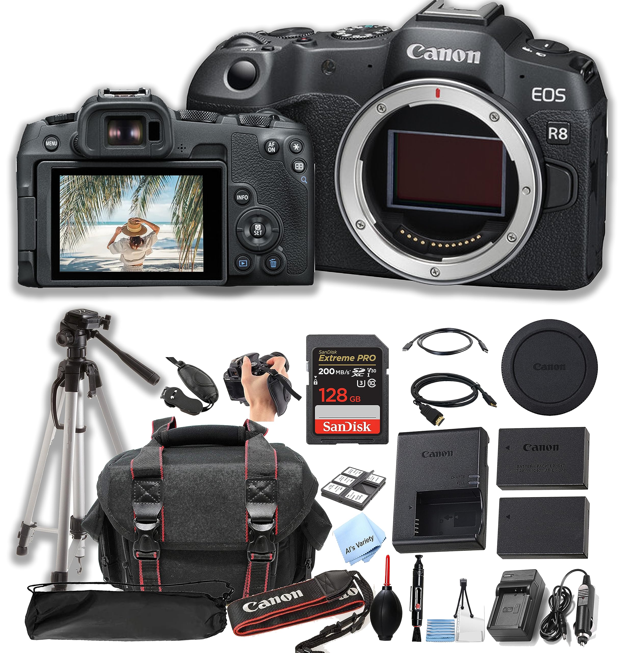 Canon EOS R8 Mirrorless Camera Body + 128GB Pro Speed Memory + Case + Tripod -Proffesional Bundle (Renewed)