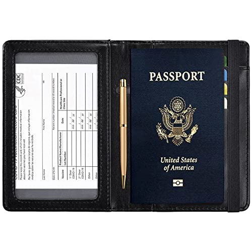 HerriaT Passport and Vaccine Card Holder Combo,Cover Case with CDC Vaccination Card Slot, Leather Travel Documents Organizer Protector, with RFID Blocking, for Women and Men