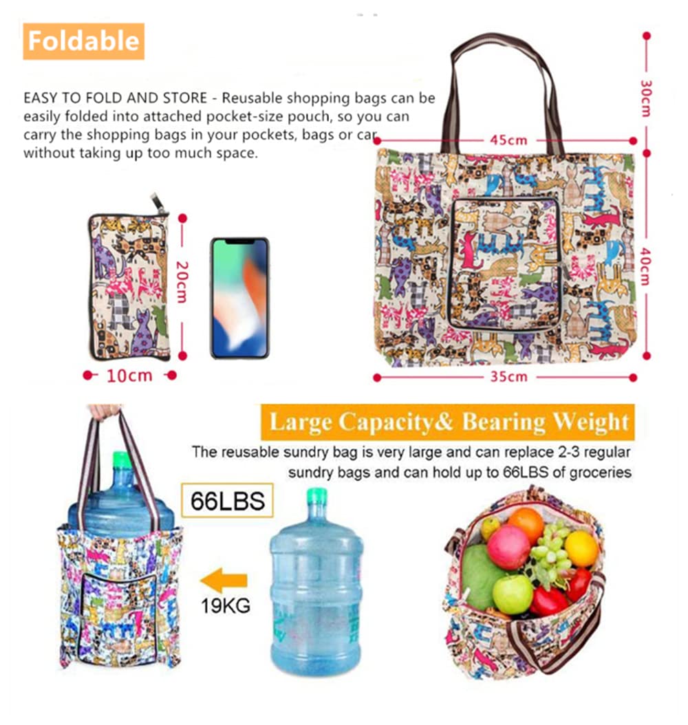 couragejoy Reusable Shopping Bags Foldable Washable Waterproof Large Grocery Bags Heavy Duty Long Handles With Zipper Attached Pouch Sturdy Daily Bags For Working Traveling(cat patern)