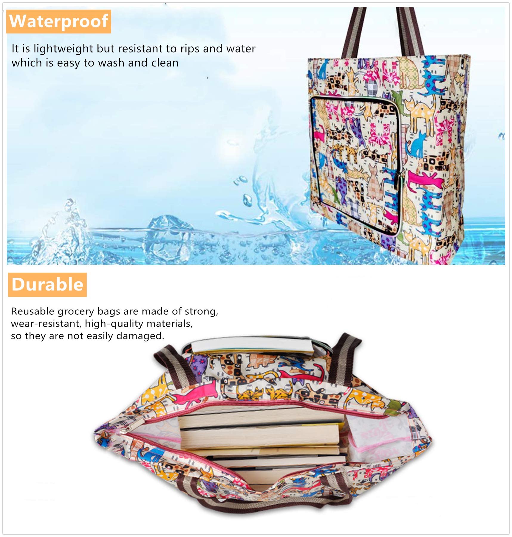 couragejoy Reusable Shopping Bags Foldable Washable Waterproof Large Grocery Bags Heavy Duty Long Handles With Zipper Attached Pouch Sturdy Daily Bags For Working Traveling(cat patern)