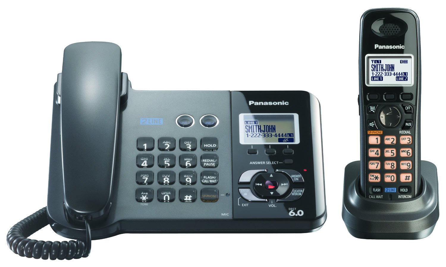 Panasonic KX-TG9391T 2-Line Corded/Cordless Phone, Metallic Black, 1 Handset