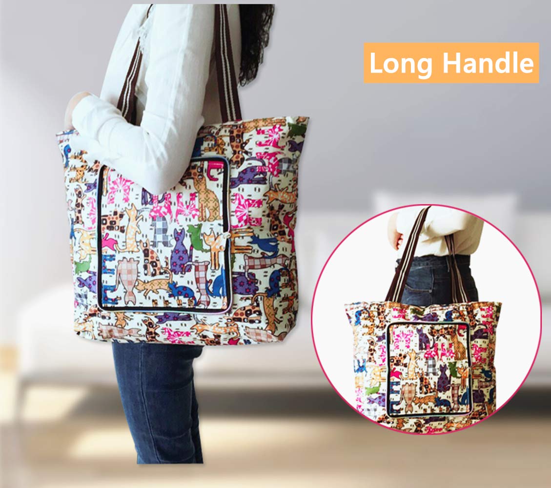 couragejoy Reusable Shopping Bags Foldable Washable Waterproof Large Grocery Bags Heavy Duty Long Handles With Zipper Attached Pouch Sturdy Daily Bags For Working Traveling(cat patern)