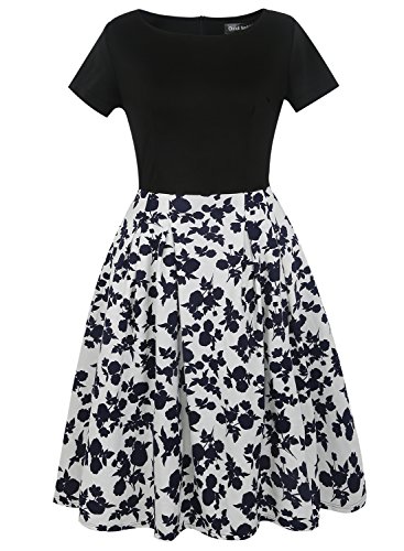 oxiuly Women's Vintage Patchwork Pockets Puffy Swing Casual Party Dress OX165 (Black White, xx_l)