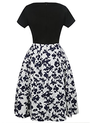 oxiuly Women's Vintage Patchwork Pockets Puffy Swing Casual Party Dress OX165 (Black White, xx_l)