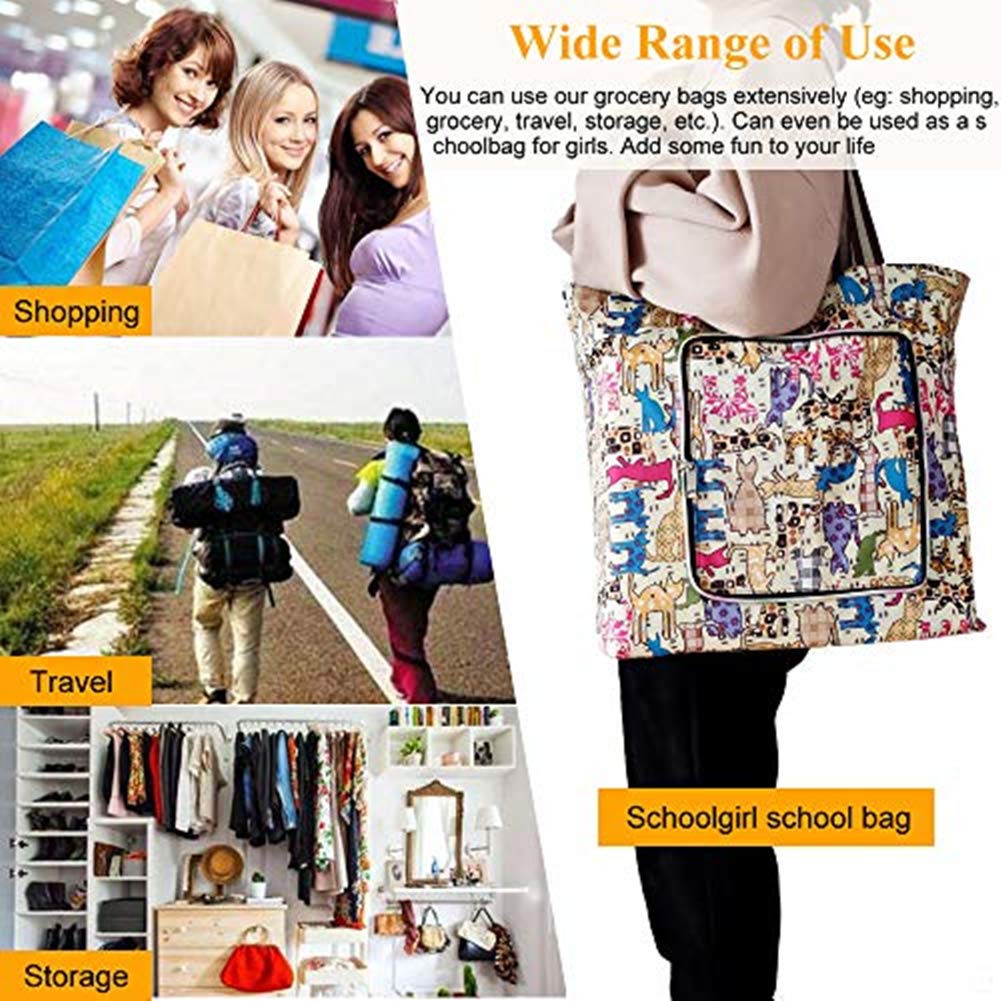 couragejoy Reusable Shopping Bags Foldable Washable Waterproof Large Grocery Bags Heavy Duty Long Handles With Zipper Attached Pouch Sturdy Daily Bags For Working Traveling(cat patern)