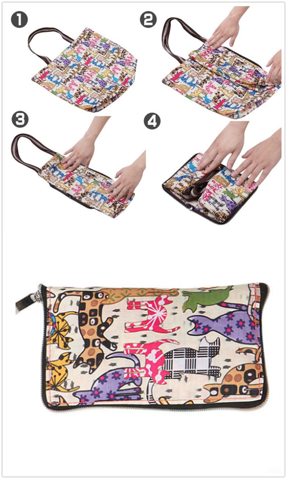 couragejoy Reusable Shopping Bags Foldable Washable Waterproof Large Grocery Bags Heavy Duty Long Handles With Zipper Attached Pouch Sturdy Daily Bags For Working Traveling(cat patern)