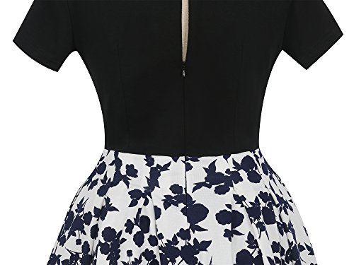 oxiuly Women's Vintage Patchwork Pockets Puffy Swing Casual Party Dress OX165 (Black White, xx_l)