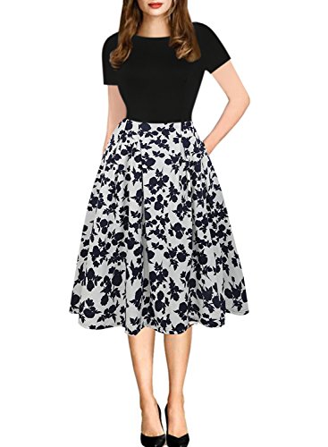 oxiuly Women's Vintage Patchwork Pockets Puffy Swing Casual Party Dress OX165 (Black White, xx_l)