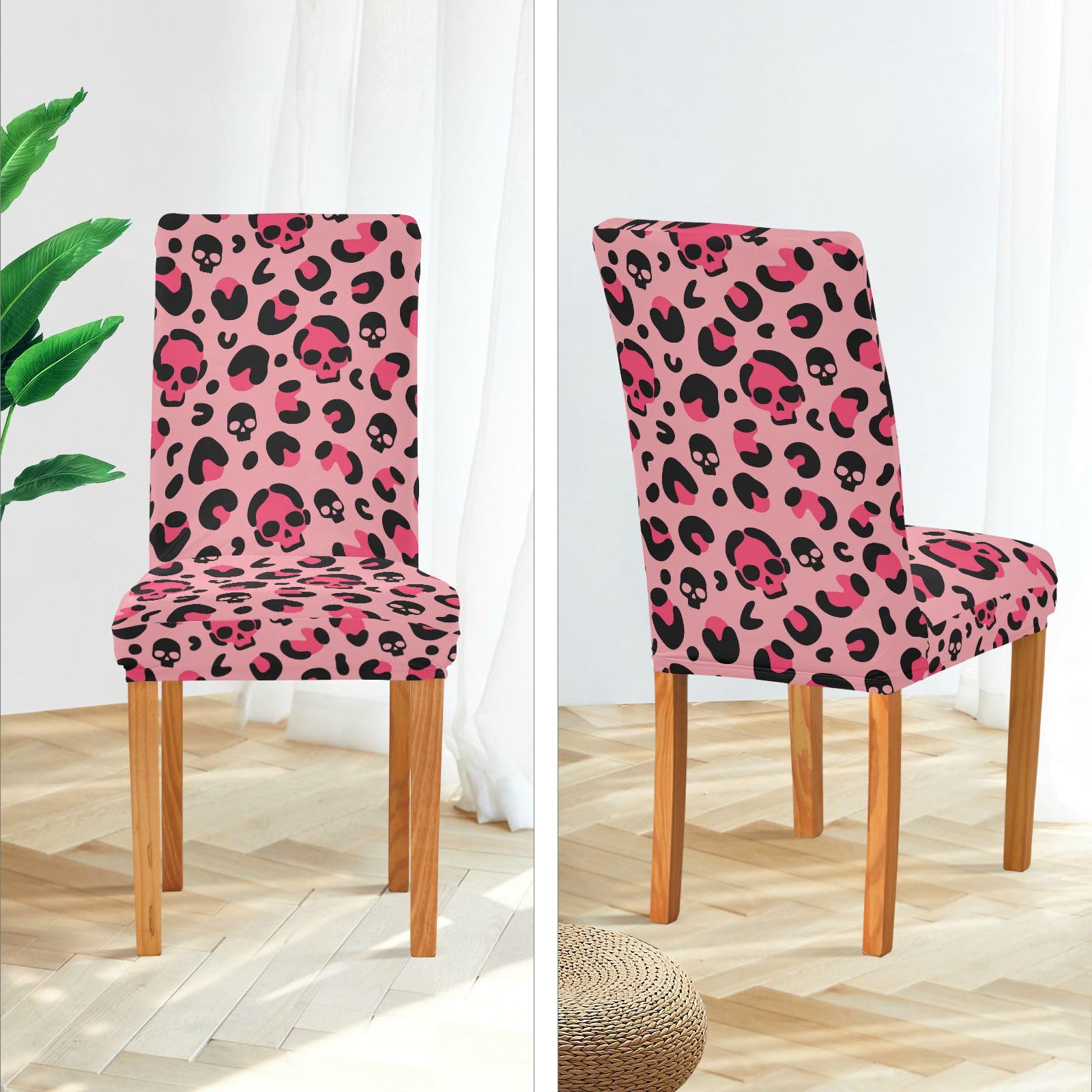 JUNZAN Halloween Skull Leopard Camouflage Pink Chairs Covers Set of 4 Slipcovers Spandex Dining Chair Covers for Outdoor Chair Ceremony