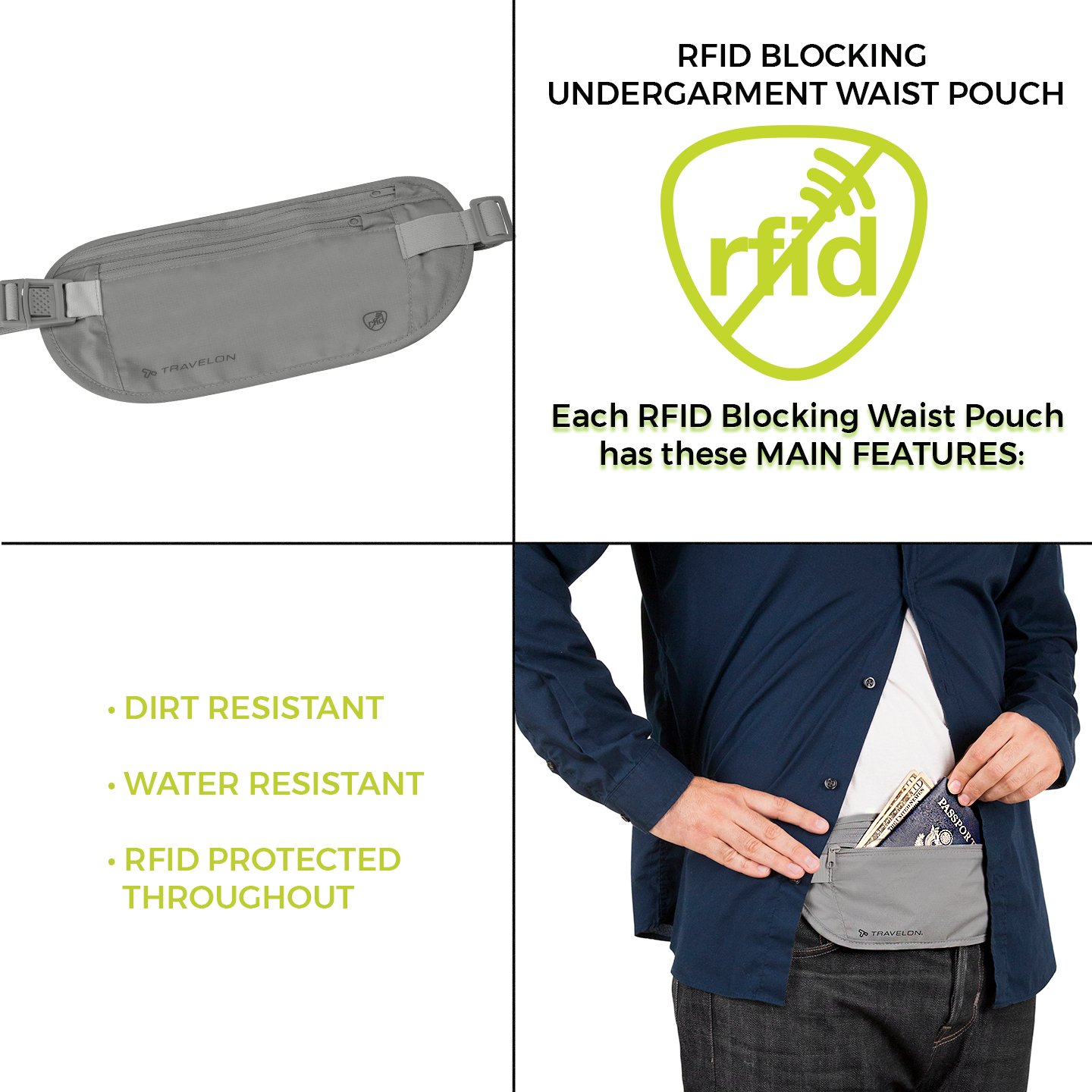 Travelon Rfid Blocking Undergarment Waist Pouch Travel Wallet, Gray, One Size