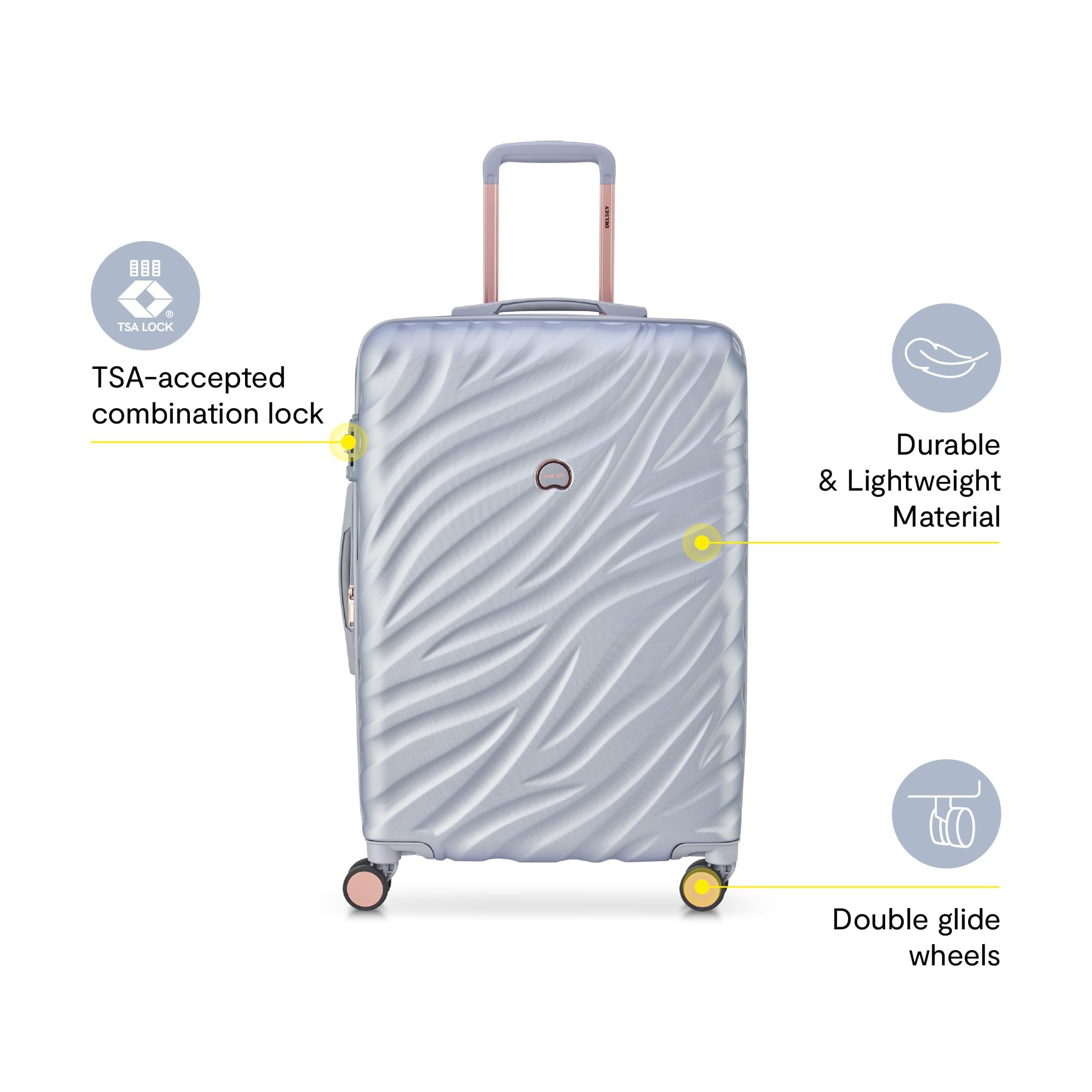 Delsey Paris Alexis Durable Luggage, Expandable Lightweight 4-Wheel Spinner, Easy Grip Handles for Smooth Mobility, TSA-Lock Incorporated, Men and Women, Platinum/Rose Gold, Check-In 25-Inch