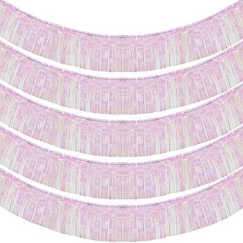 Blukey 10 Feet by 15 Inch Iridescent White Foil Fringe Garland - Pack of 5 | Metallic Tinsel Banner | Ideal for Parade Floats, Bridal Shower, Bachelorette, Birthday, Christmas | Wall Hanging Drapes