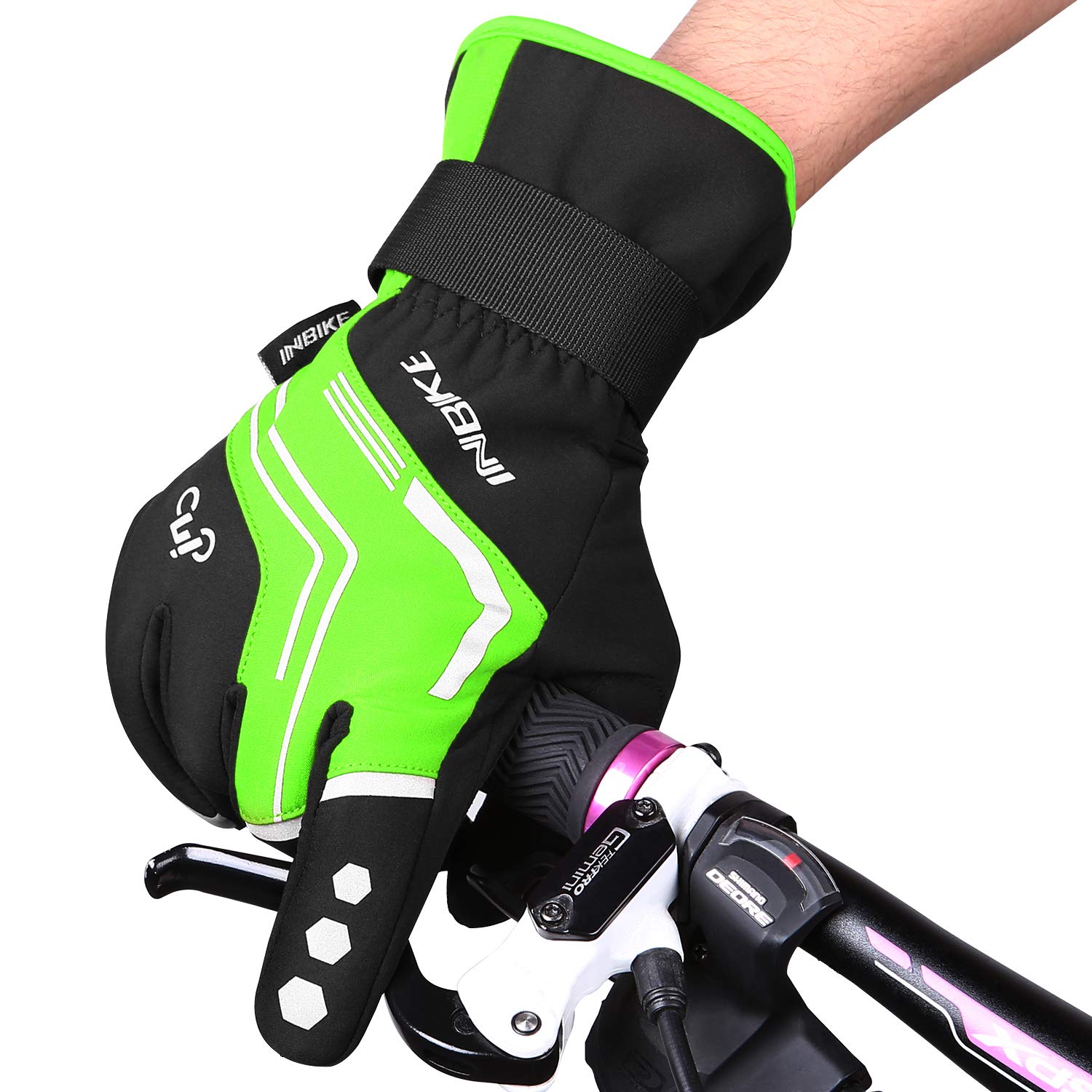 INBIKE Cycling Winter Gloves,for Men Windproof Reflective Thermal Gel Pads Touch Screen MTB Mountain Bike Green Large
