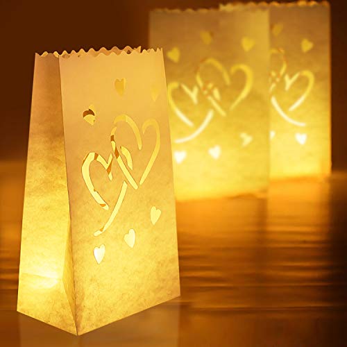 Homemory 50 PCS White Luminary Bags with Hearts, Flame Resistant Candle Bags, Tea Light Luminaries for Wedding, Valentine's Day, Halloween, Thanksgiving, Christmas, Party