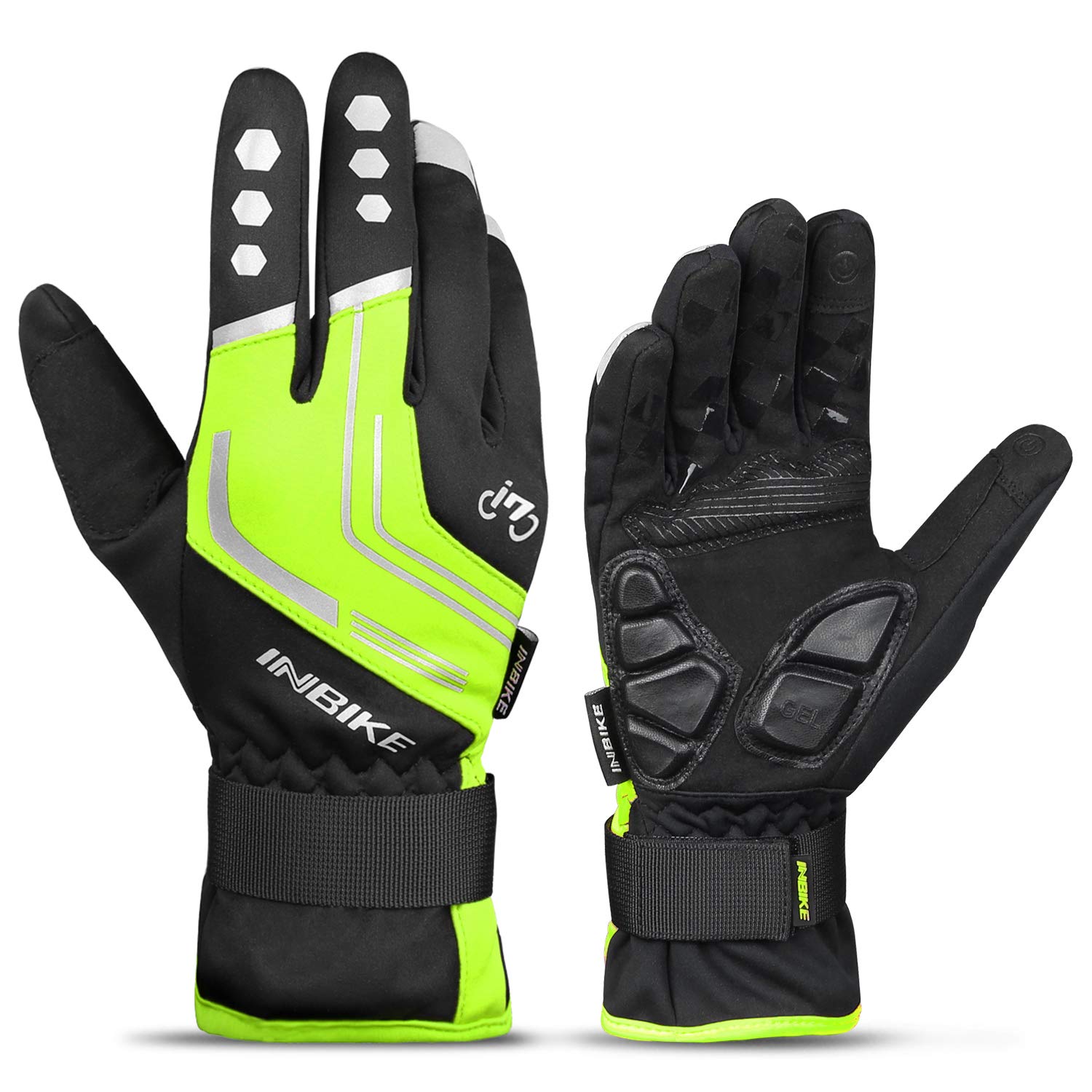 INBIKE Cycling Winter Gloves,for Men Windproof Reflective Thermal Gel Pads Touch Screen MTB Mountain Bike Green Large