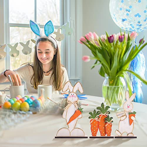 RoseCraft Easter Decorations, 3Pcs Rustic Wooden Bunny/Carrot Table Sign Decor for The Tabletop Centerpiece Rabbit Crafts Gift, for The Home Office Desk Birthday Party Supplies Spring Decorations.